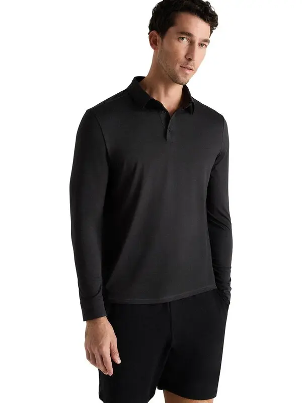 Quince Flowknit Breeze Performance Long Sleeve Polo - Heather Black