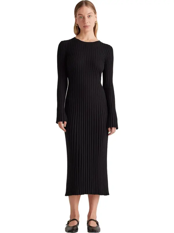 Quince Cotton Cashmere Ribbed Long Sleeve Crew Midi Dress - Black