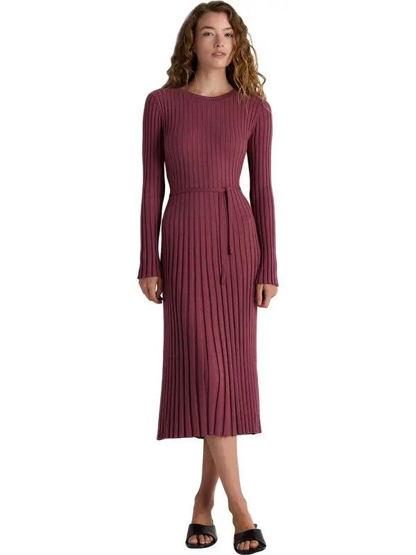 Quince Cotton Cashmere Ribbed Long Sleeve Crew Midi Dress - Crushed Berry Purple