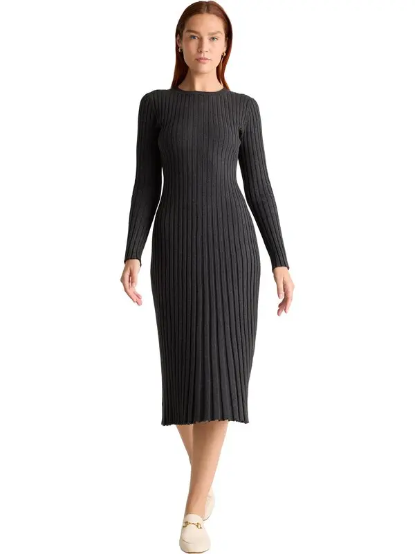 Quince Cotton Cashmere Ribbed Midi Dress - Heather Charcoal