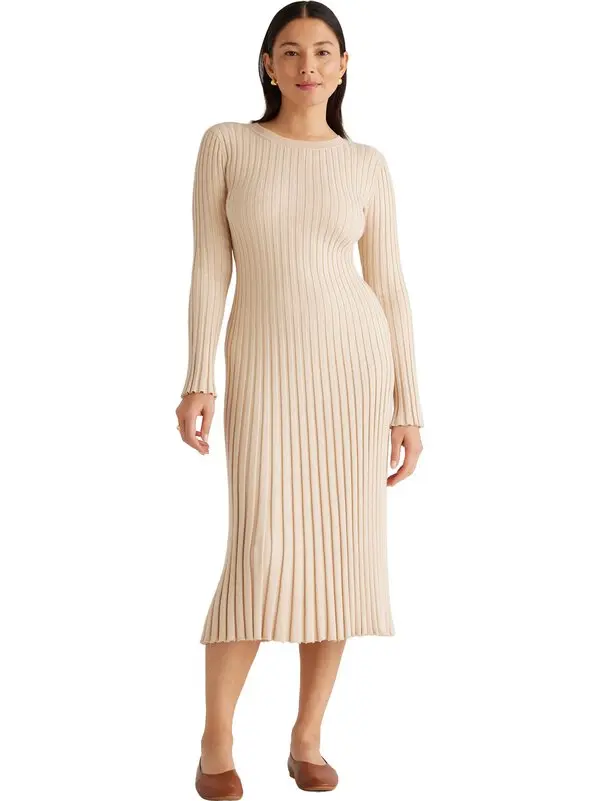 Quince Cotton Cashmere Ribbed Midi Dress - Heather Oatmeal