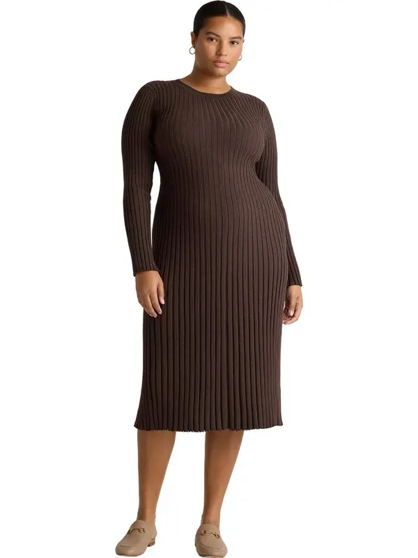 Quince Cotton Cashmere Ribbed Long Sleeve Crew Midi Dress - Mocha Heather