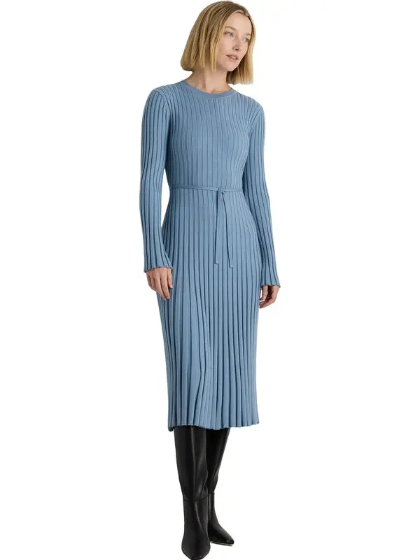 Quince Cotton Cashmere Ribbed Long Sleeve Crew Midi Dress - Mountain Spring Blue