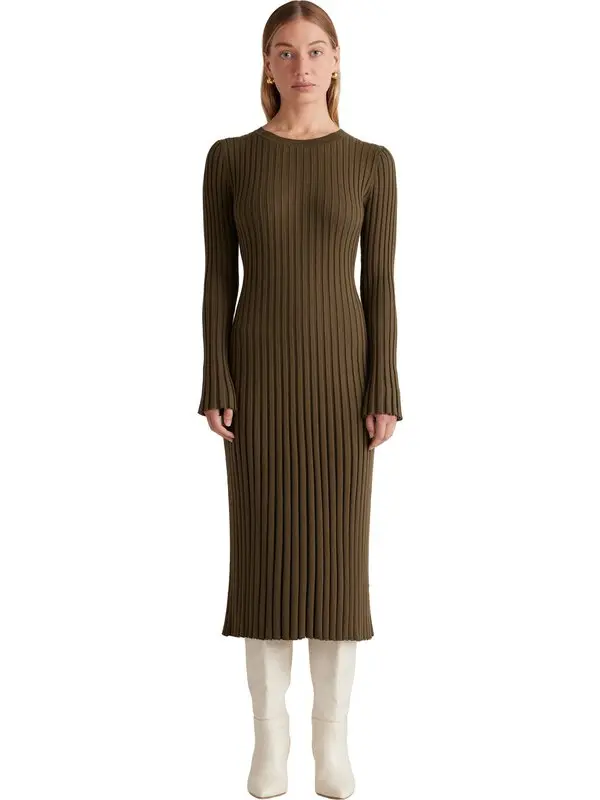 Quince Cotton Cashmere Ribbed Long Sleeve Crew Midi Dress - Olive