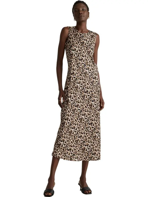 Quince Washable Stretch Silk Tank Top Midi Dress - Leopard