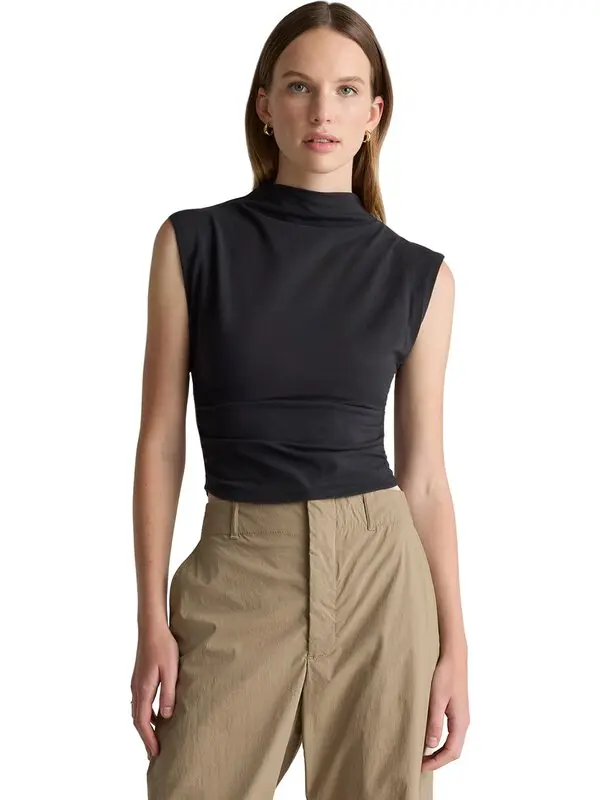 Quince Stretch Cotton Jersey Sleeveless Mock Neck Top - Black