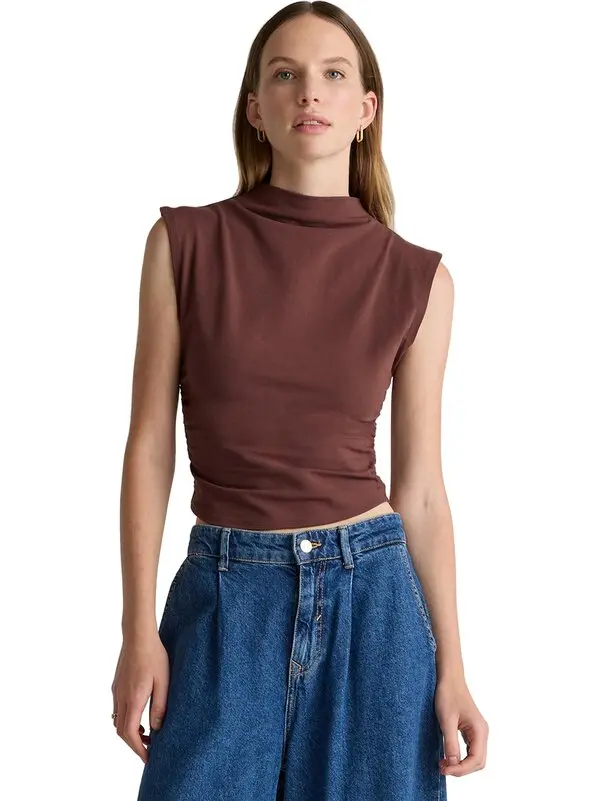 Quince Stretch Cotton Jersey Sleeveless Mock Neck Top - Cocoa