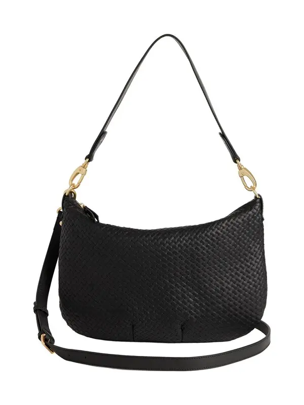 Quince Italian Leather Convertible Crescent Handwoven Bag - Black