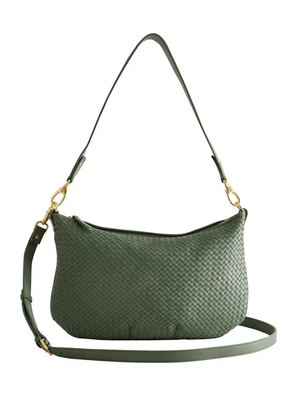 Quince Italian Leather Convertible Crescent Handwoven Shoulder Bag - Sage