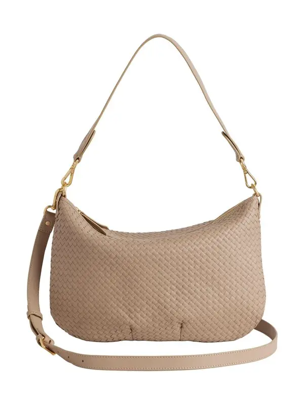 Quince Italian Leather Convertible Crescent Handwoven Bag - Taupe