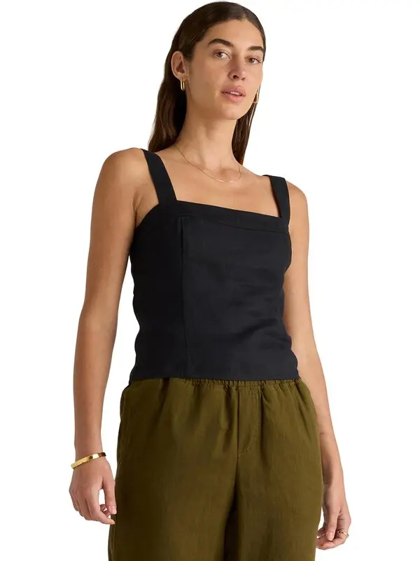 Quince 100% European Linen Fitted Tank Top - Black