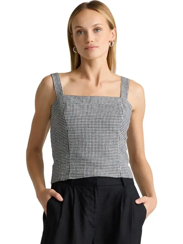 Quince 100% European Linen Fitted Tank Top With Square Neck And Smocked Zipper Back - Classic Mini Gingham