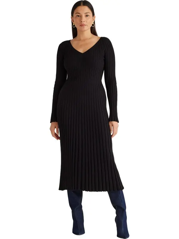 Quince Cotton Cashmere Ribbed Long Sleeve V-neck Midi Dress - Black