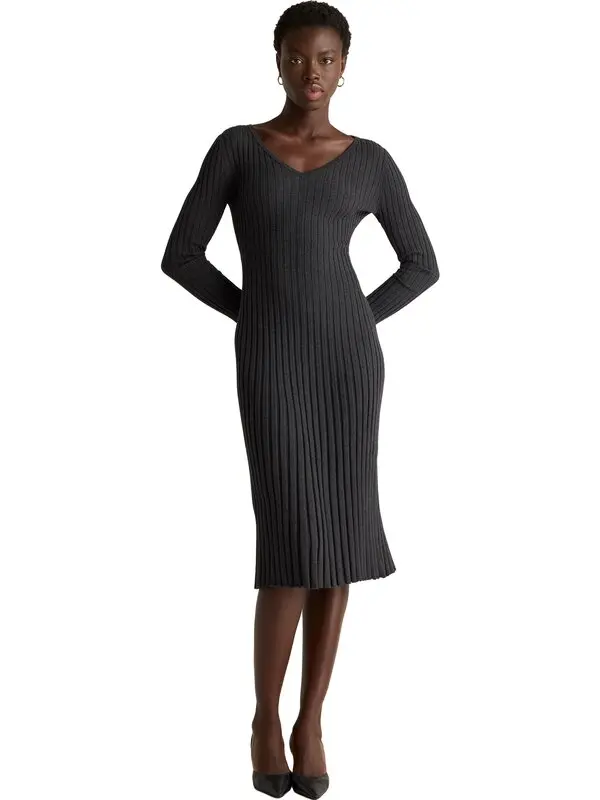 Quince Cotton Cashmere Ribbed Long Sleeve V-neck Midi Dress - Heather Charcoal