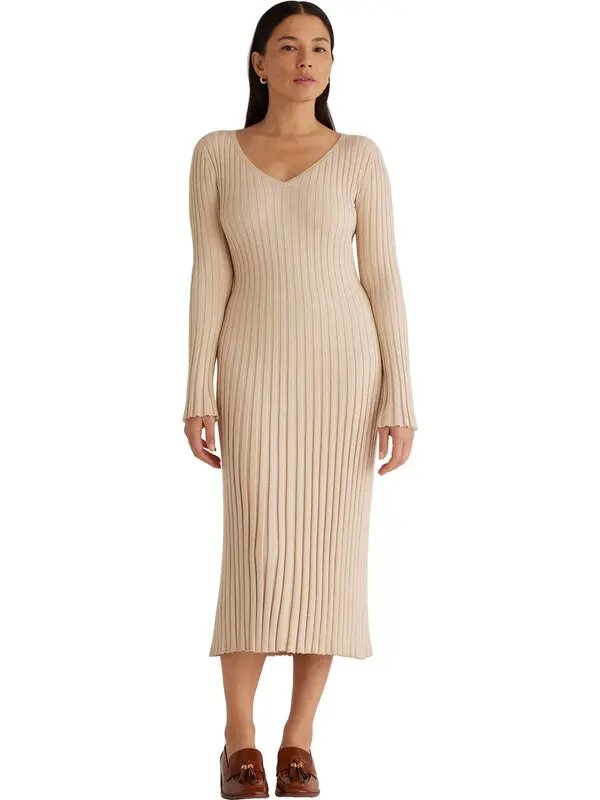 Quince Cotton Cashmere Ribbed Long Sleeve V-neck Midi Dress - Heather Oatmeal