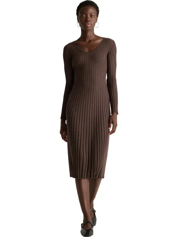 Quince Cotton Cashmere Ribbed Long Sleeve V-neck Midi Dress - Mocha Heather