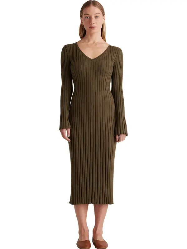 Quince Cotton Cashmere Ribbed Long Sleeve V-neck Midi Dress - Olive