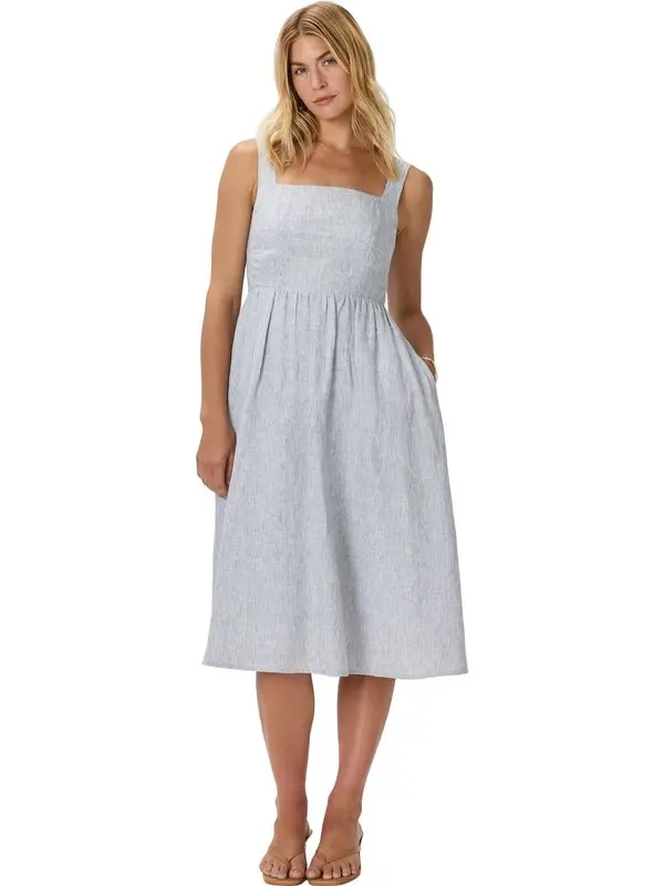 Quince 100% European Linen Fit & Flare Midi Dress - Blue Pinstripe