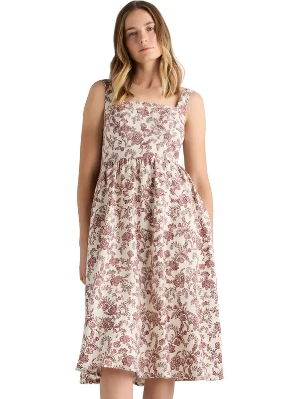 Quince 100% European Linen Fit & Flare Midi Dress - Brick Red Heirloom Floral