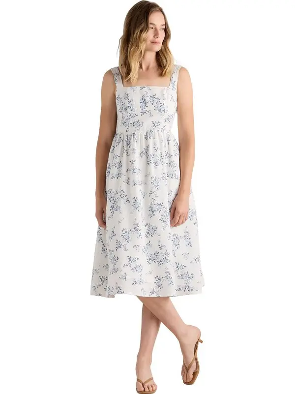 Quince 100% European Linen Fit & Flare Midi Dress - Ivory Porcelain Blue Petite Floral
