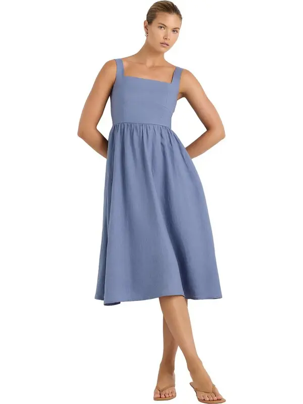 Quince 100% European Linen Fit & Flare Midi Dress - Moonstone Blue
