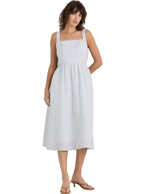 Quince 100% European Linen Fit & Flare Midi Dress - Sky Blue Mariner Stripe