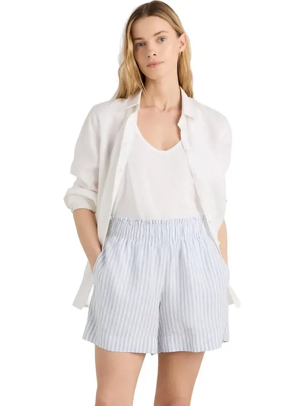 Quince Linen High Waisted Shorts - Sky Blue Mariner Stripe