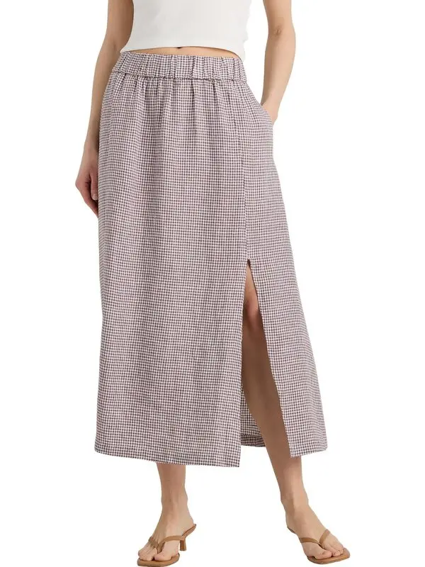 Quince 100% European Linen Maxi Skirt - Taupe Brown Gingham