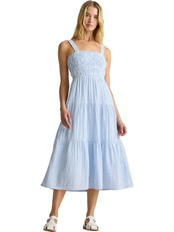 Quince Gauze Smocked Sleeveless Maxi Dress - Bayside Stripe Blue/white