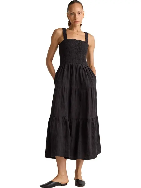 Quince Gauze Smocked Sleeveless Maxi Dress - Black