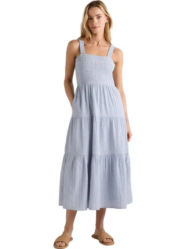 Quince Organic Cotton Gauze Smocked Sleeveless Maxi Dress - Blue Gingham