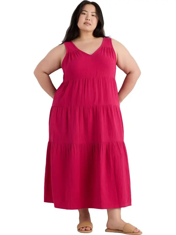 Quince Gauze Tiered Maxi Dress - Amaranth Pink