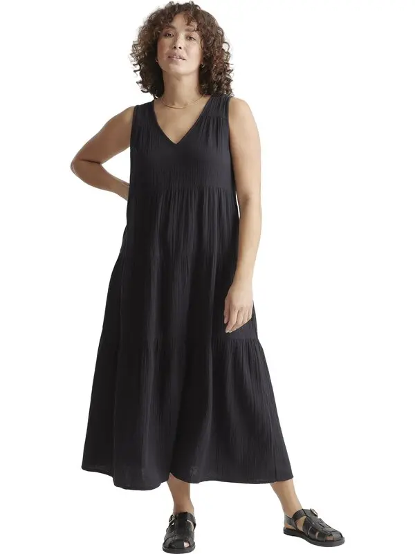Quince Gauze Tiered Maxi Dress - Black