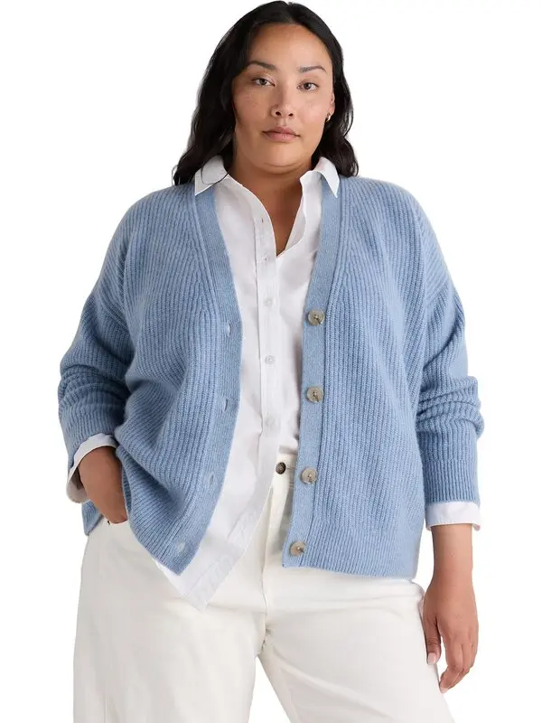 Quince Mongolian Cashmere Fisherman Boxy Cropped Cardigan Sweater - Faded Denim