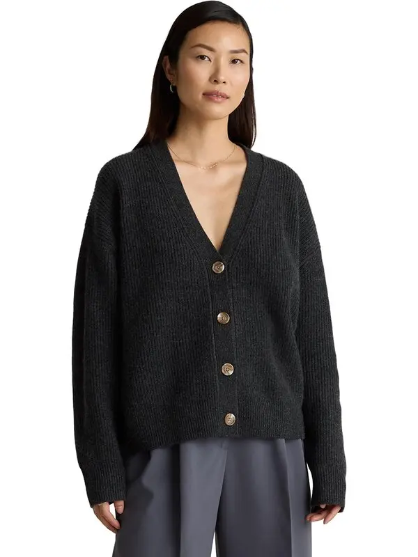 Quince Mongolian Cashmere Fisherman Boxy Cropped Cardigan - Heather Charcoal
