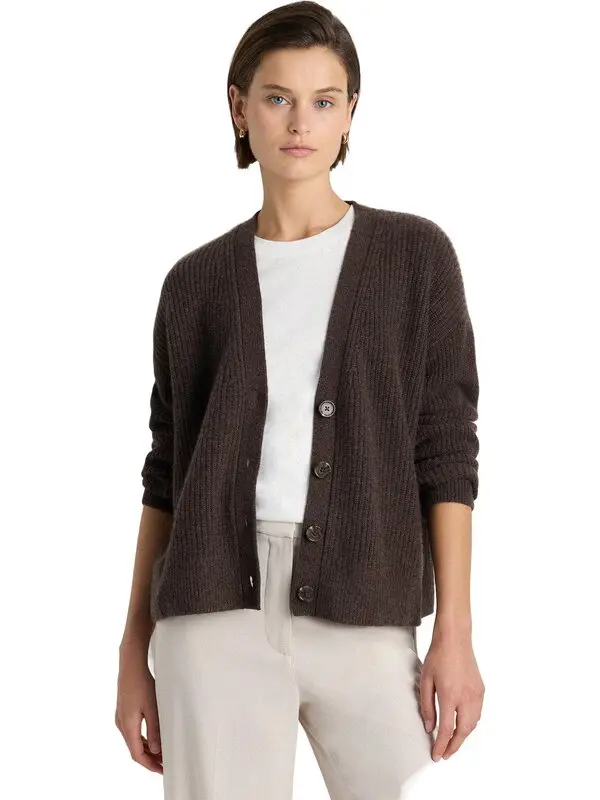 Quince Mongolian Cashmere Fisherman Boxy Cropped Cardigan - Heather Truffle Brown
