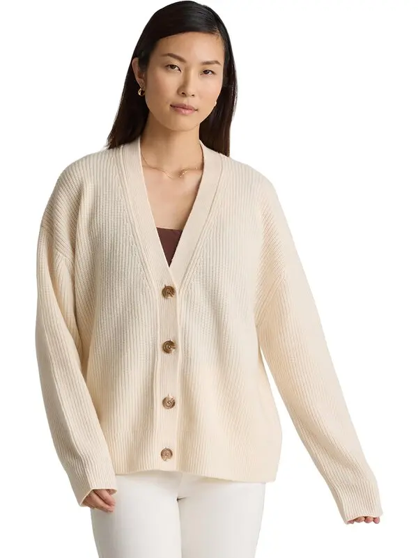 Quince Mongolian Cashmere Fisherman Boxy Cropped Cardigan - Ivory