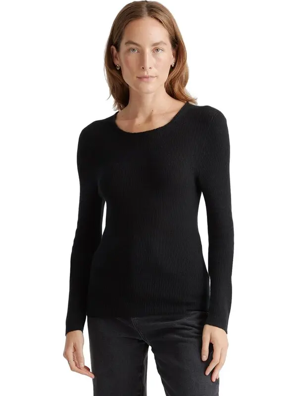 Quince Featherweight Cashmere Ribbed Crewneck Sweater - Black