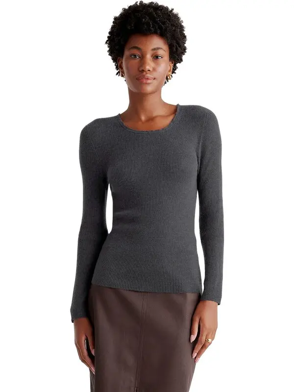 Quince Featherweight Cashmere Ribbed Crewneck Sweater - Charcoal