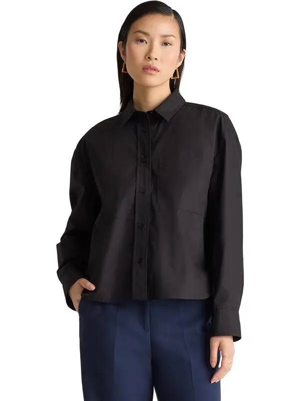 Quince Poplin Cropped Long Sleeve Shirt - Black