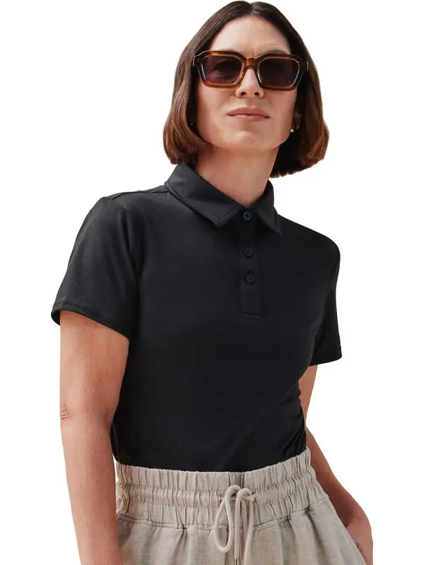 Quince Flowknit Breeze Short Sleeve Polo - True Black