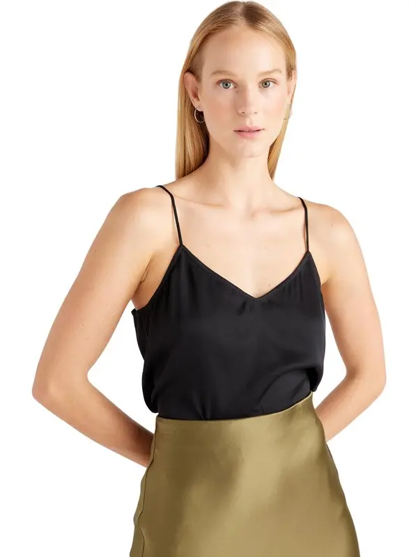Quince 100% Washable Silk Stretch V-neck Cami Top - Black