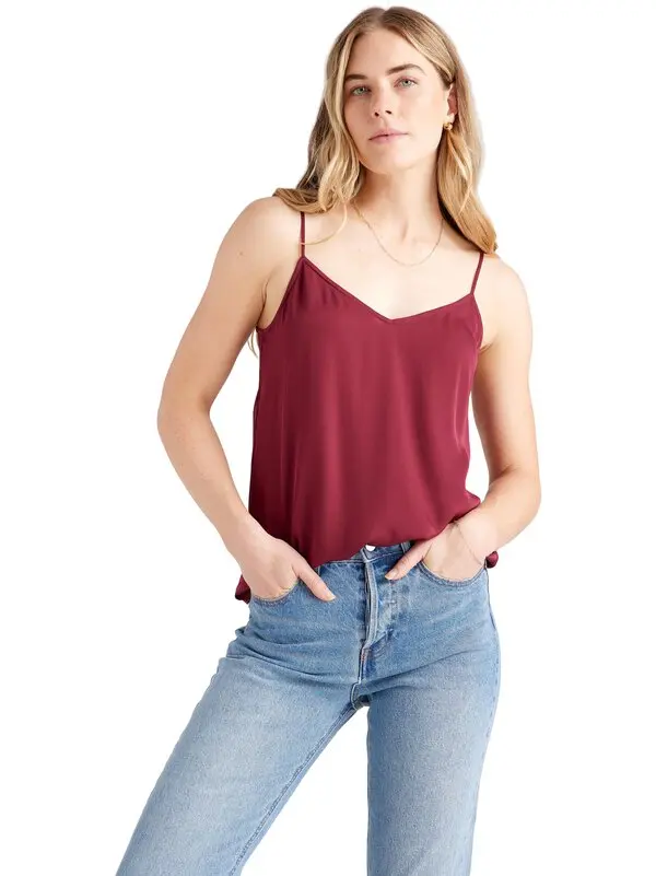 Quince Washable Silk Stretch V-neck Cami Top - Burgundy