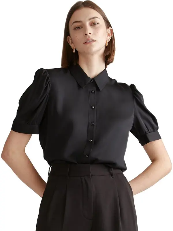Quince Washable Stretch Silk Puff Sleeve Blouse - Black