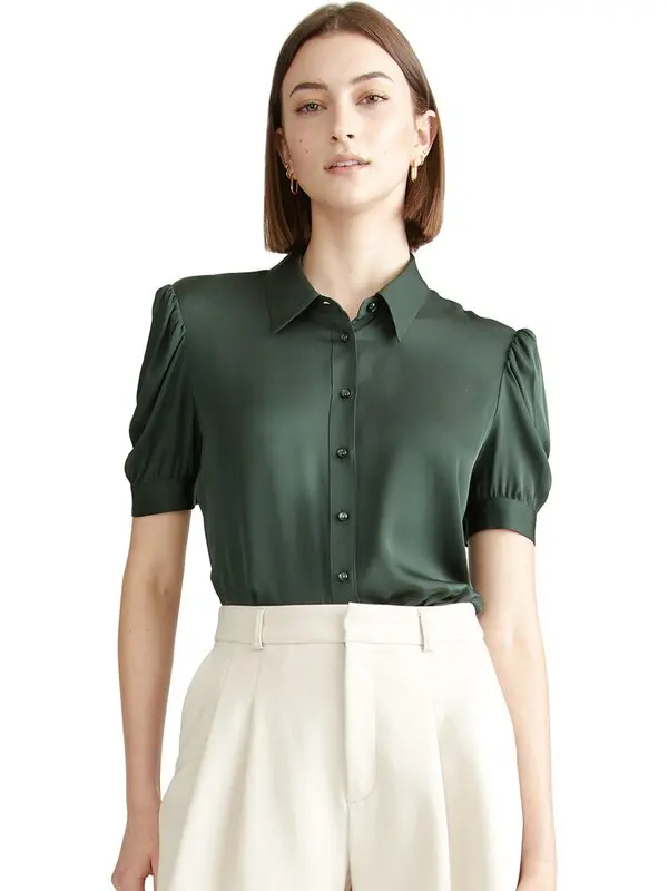 Quince Washable Stretch Silk Puff Sleeve Blouse - Forest Green