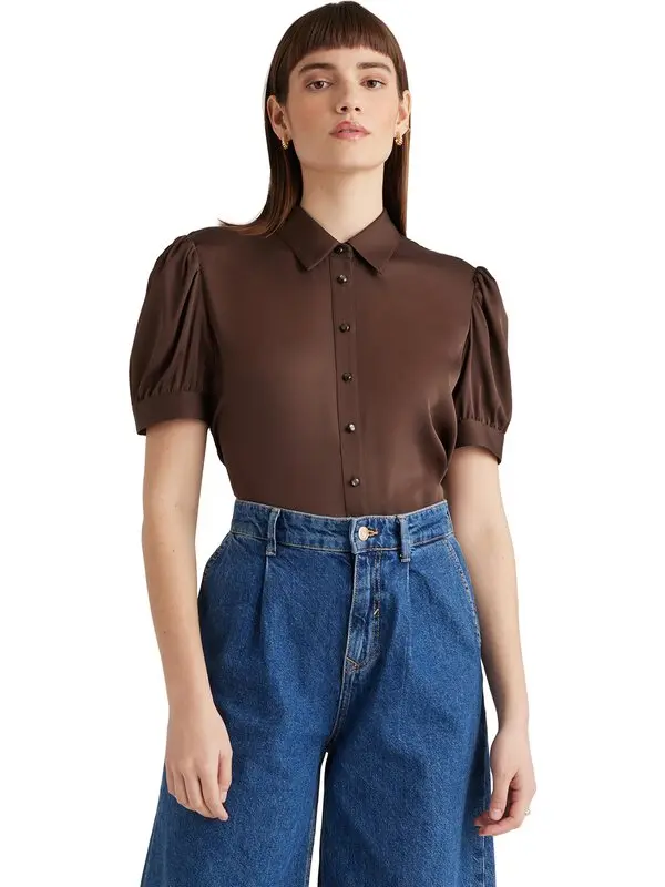 Quince Washable Stretch Silk Puff Sleeve Blouse - Hot Fudge