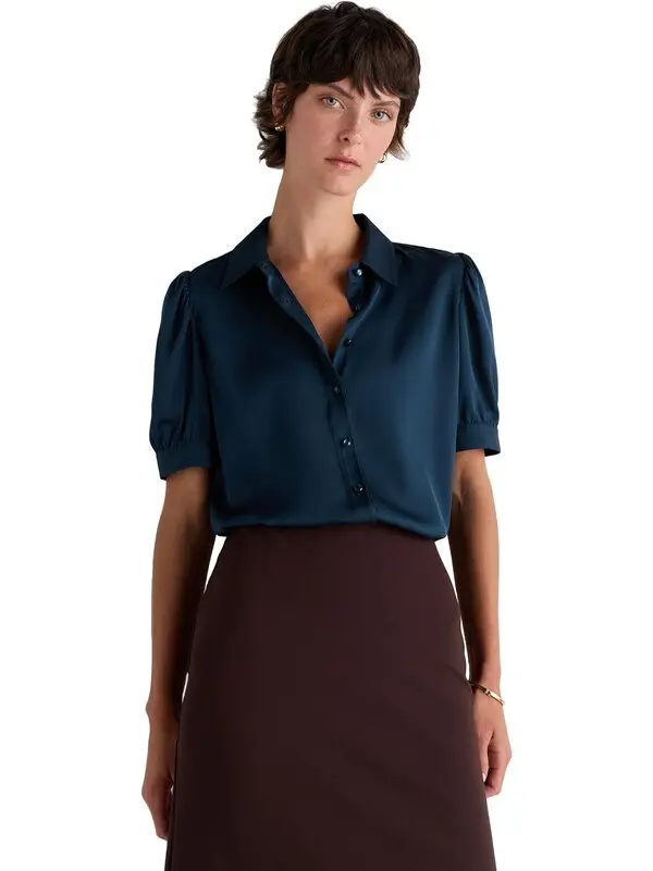 Quince Washable Stretch Silk Puff Sleeve Blouse - Stratus Blue