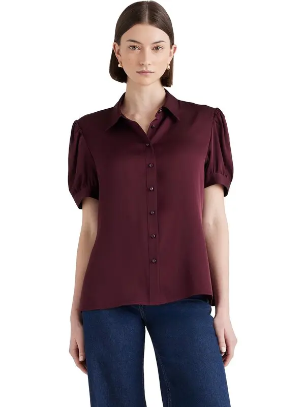 Quince Washable Stretch Silk Puff Sleeve Blouse - Wine Tasting Red