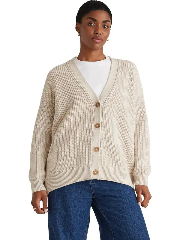 Quince Oversized Boyfriend Cardigan Sweater - Speckled Beige