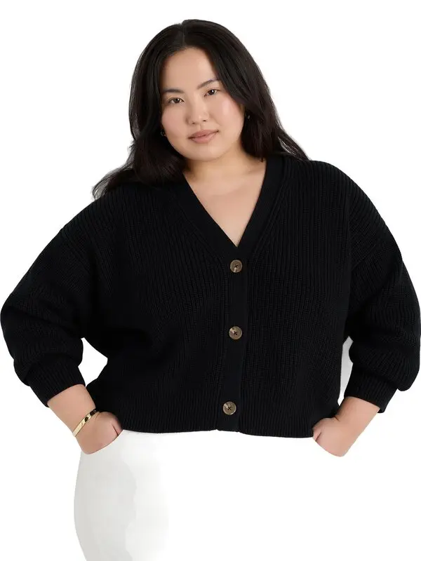 Quince Fisherman Boxy Cropped Cardigan - Black